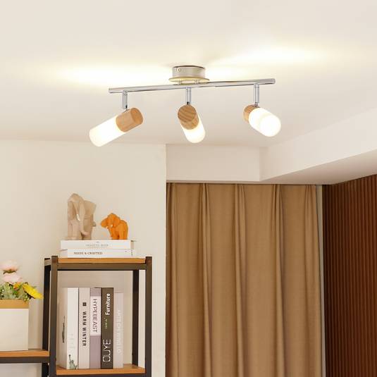Christoph wooden spotlight, 3-bulb, long | Lights.co.uk