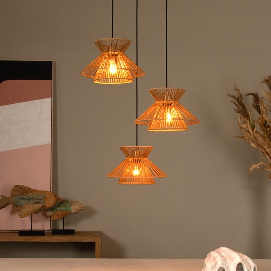 Tasman pendant light, length 61 cm, natural colour, paper, 3-bulb ...