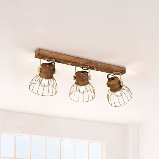 Ceiling light Alami mango wood brass matt 3-bulb. | Lights.co.uk