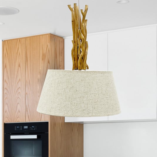 Woody pendant light made of textile and wood | Lights.co.uk