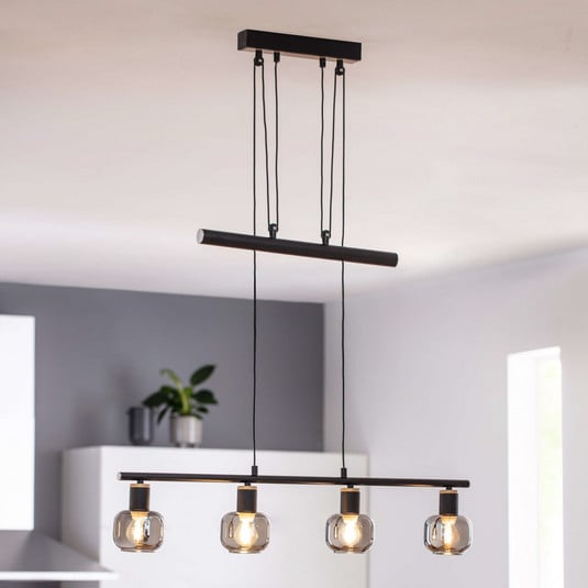 Balk hanglamp Fumoso 4-lamps zwart/rookgrijs | Lampen24.nl
