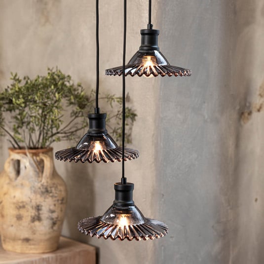 Novia pendant light, black, smoked glass, 3-bulb, Ø 22 cm | Lights.co.uk