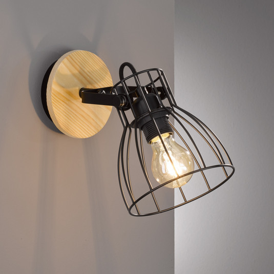 Die wall light with wood finish and cage lampshade | Lights.co.uk