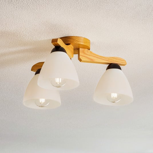 Haro ceiling light, oak/white, 3-bulb | Lights.co.uk