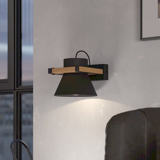 Maccles wall light in black with wood | Lights.co.uk