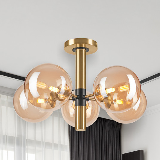 Natalia plafondlamp, 5-lamps, glas, goud | Lampen24.be