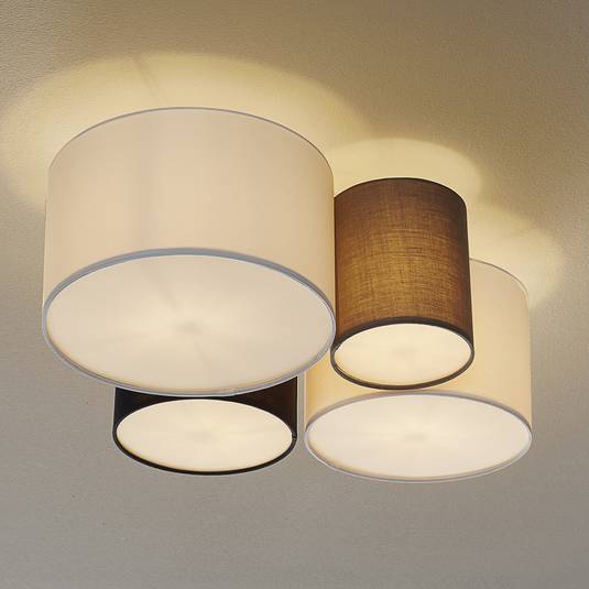 Hotel ceiling light with four fabric lampshades | Lights.co.uk