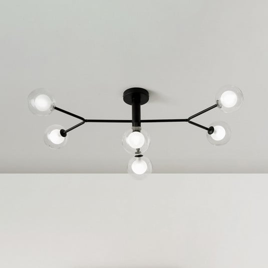 Cosmo ceiling light, 6-bulb, black/clear, glass | Lights.co.uk
