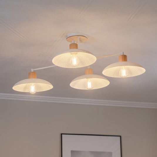 Kobe ceiling light, 4-bulb, steel, wood, white | Lights.co.uk